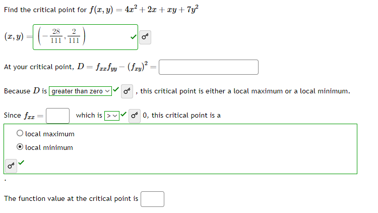 Solved Find the critical point for f(x,y)=4x2+2x+xy+7y2 | Chegg.com