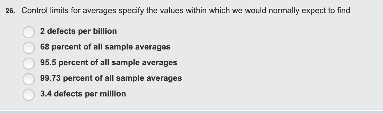 Solved 26. Control limits for averages specify the values | Chegg.com
