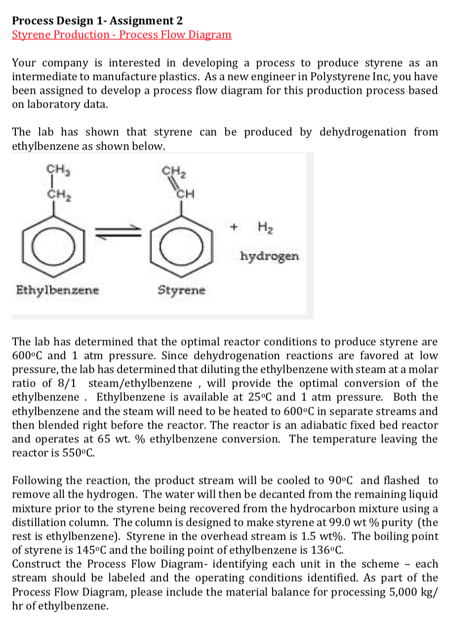 Process Design 1- Assignment 2 Styrene Production - | Chegg.com