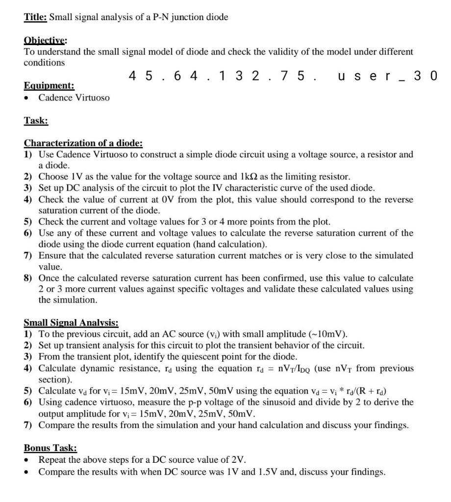 Title: Small signal analysis of a P-N junction diode | Chegg.com