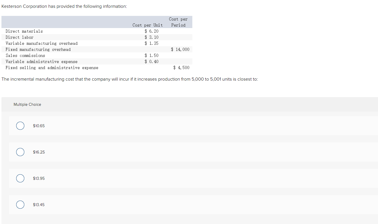 Solved Kesterson Corporation has provided the following | Chegg.com