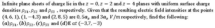 Solved Infinite plane sheets of charge lie in the z=0,z=2 | Chegg.com