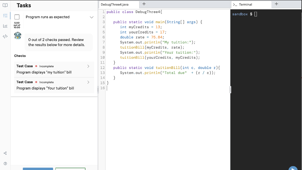 Solved Tasks + > Terminal sandbox $ Program runs as expected | Chegg.com