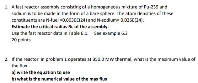 Solved 1. A fast reactor assembly consisting of a | Chegg.com