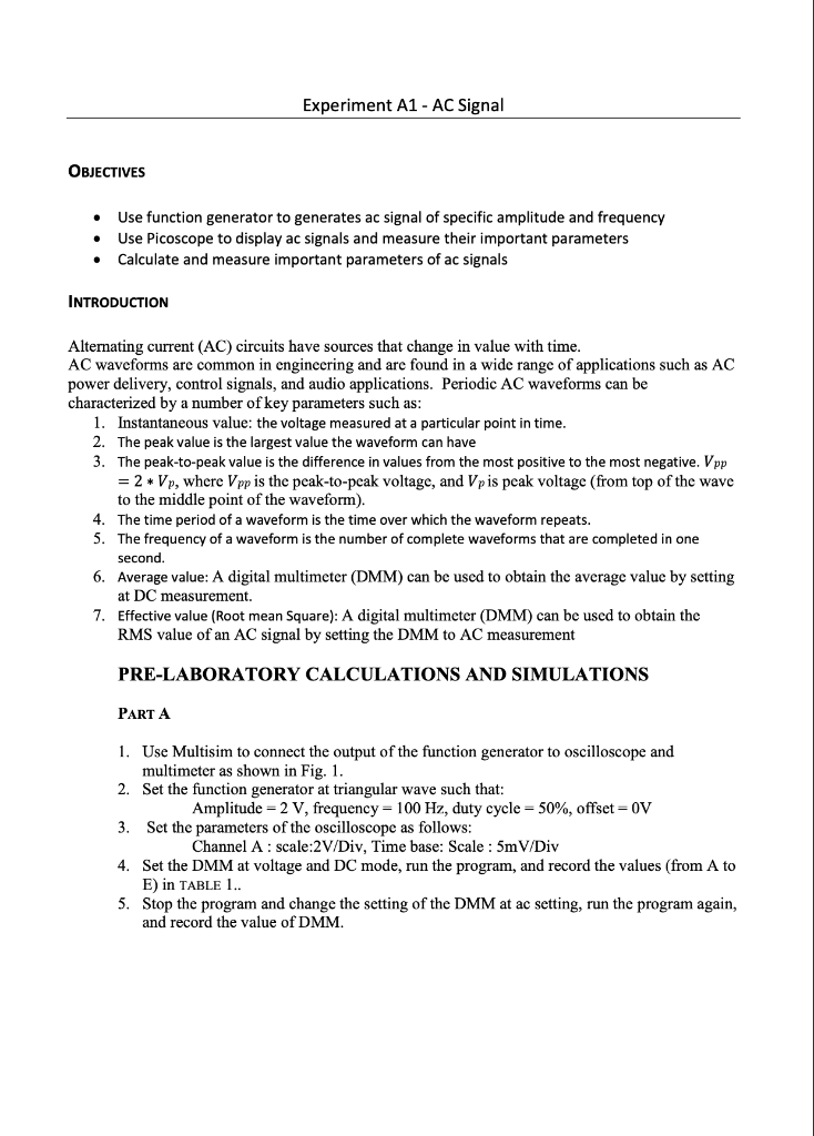 Solved Experiment A1 - AC Signal OBJECTIVES • Use function | Chegg.com