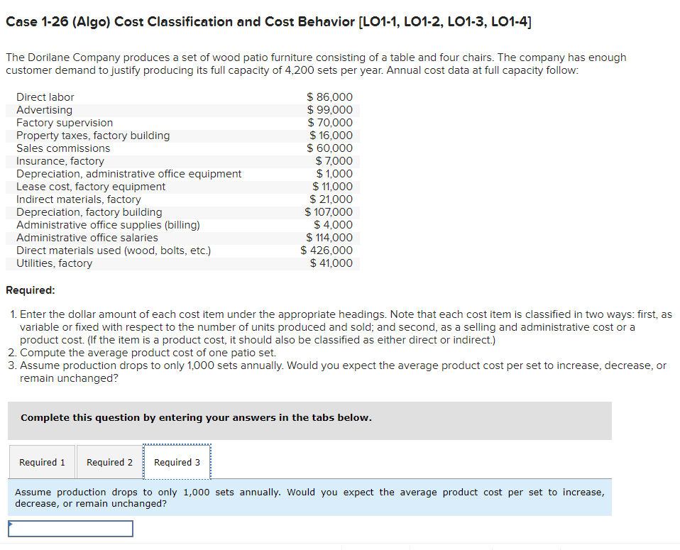 Solved Case 1-26 (Algo) Cost Classification and Cost | Chegg.com