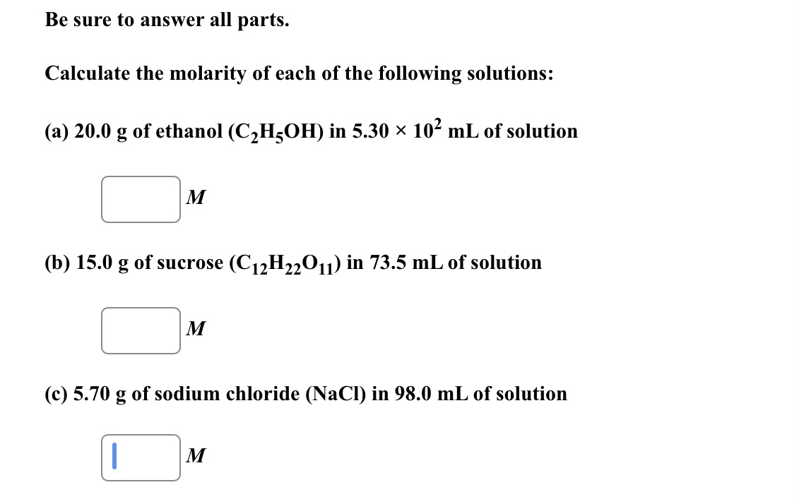 Solved Be sure to answer all parts. Calculate the molarity | Chegg.com