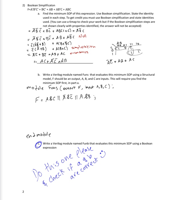 Solved 2) Boolean Simplificaton F-AB'C BCABAB'C+ABC Find the | Chegg.com