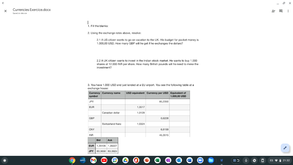 X Currencies Exercice.docx Saved on device 8+ : | 1. | Chegg.com