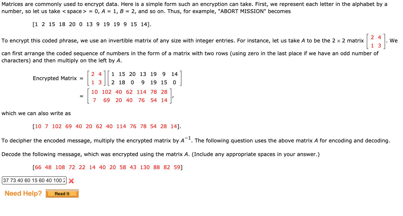 Solved Matrices are commonly used to encrypt data. Here is a | Chegg.com