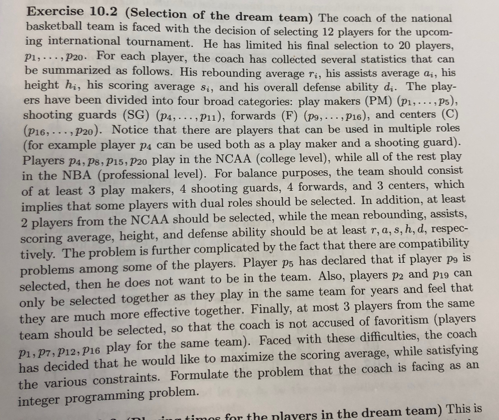 Exercise 10.2 (Selection of the dream team) The coach | Chegg.com