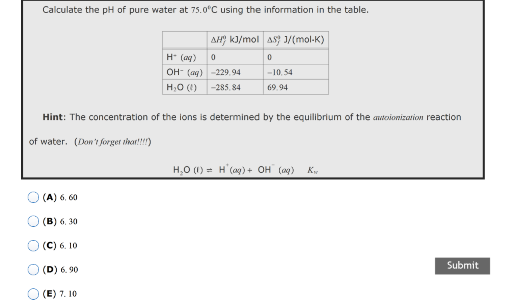 Solved Calculate the pH of pure water at 75.0°C using the | Chegg.com