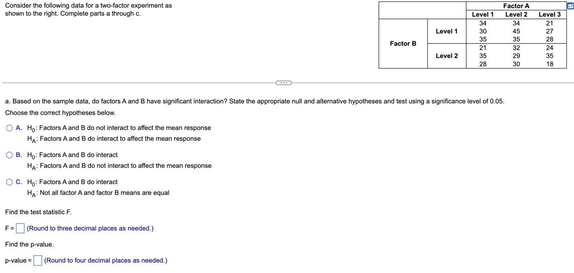 Solved Consider the following data for a two-factor | Chegg.com