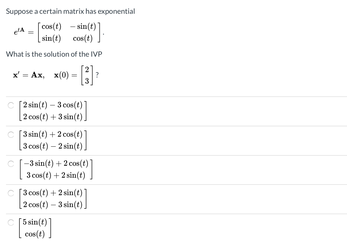 Solved Suppose a certain matrix has exponential eta - cos(t) | Chegg.com