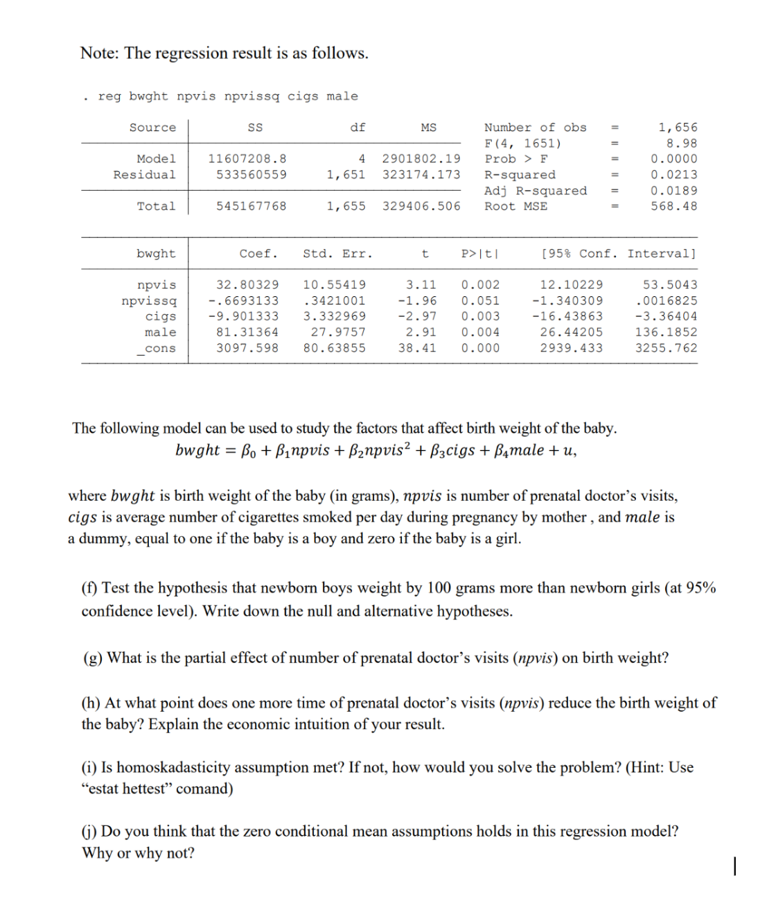 Solved Note: The regression result is as follows.reg bwght | Chegg.com