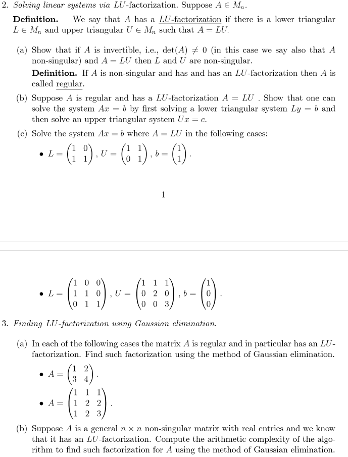 Solved 2 Solving Linear Systems Via Lu Factorization