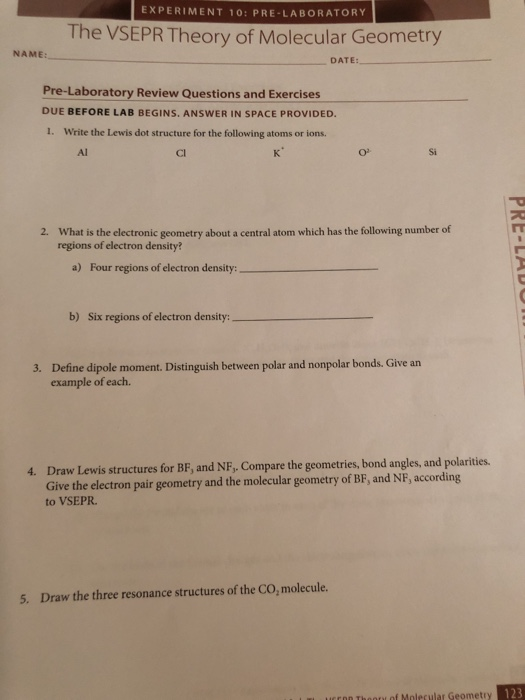 Solved Experiment 10 Pre Laboratory The Vsepr Theory Of