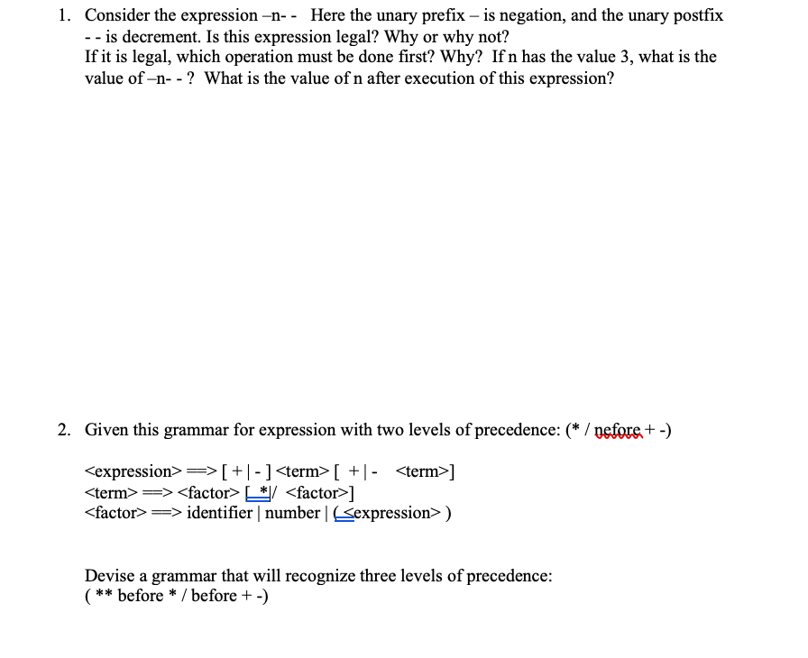 1. Consider the expression -n-- Here the unary prefix | Chegg.com