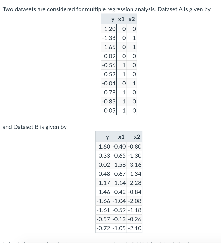 Solved Two datasets are considered for multiple regression | Chegg.com