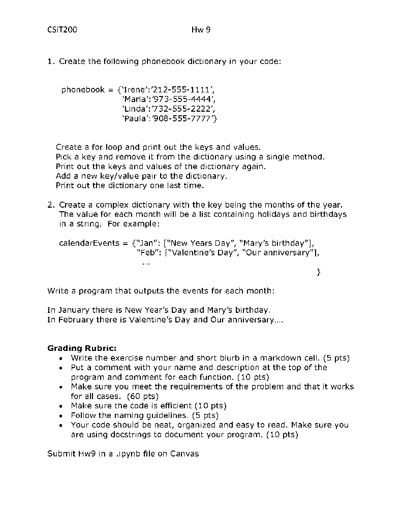 Solved CSIT200 Hw 9 1. Create the following phonebook | Chegg.com