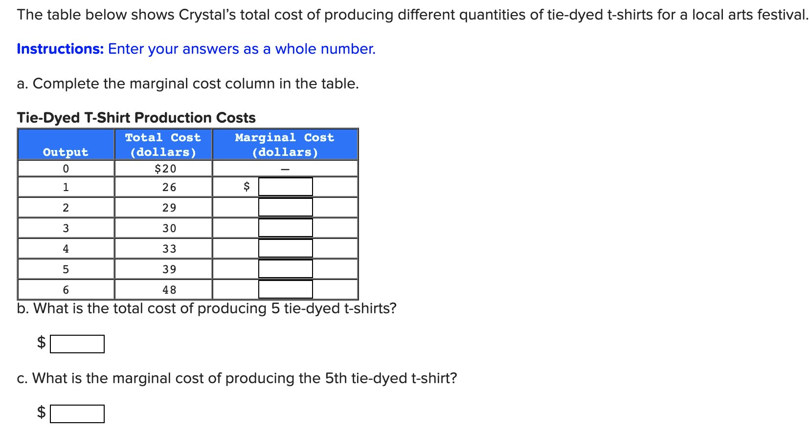 Solved The table below shows Crystal's total cost of | Chegg.com
