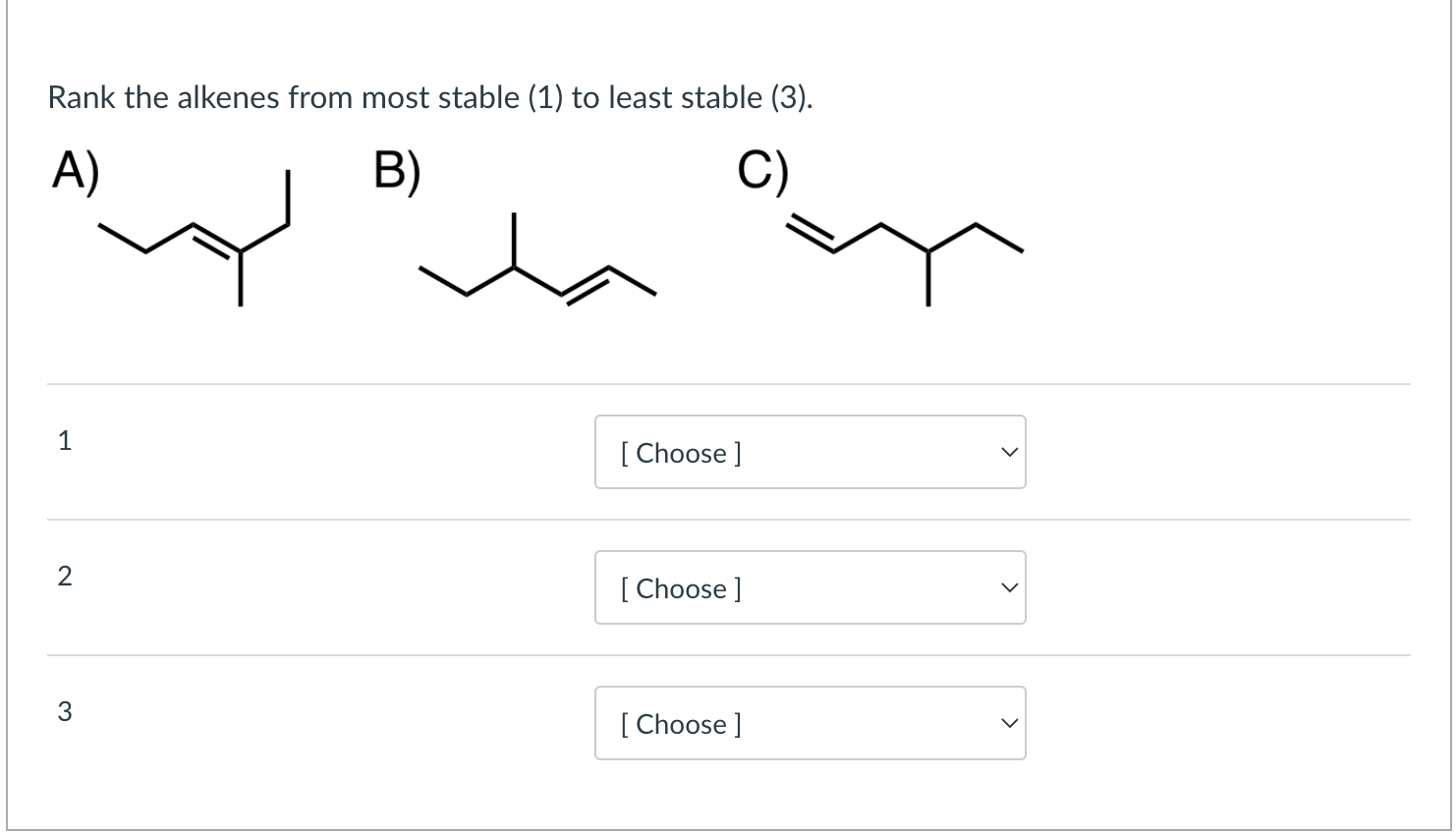 Solved Rank the alkenes from most stable (1) to least stable | Chegg.com