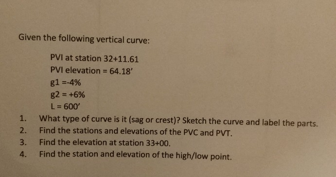 Solved Given the following vertical curve: PVI at station | Chegg.com