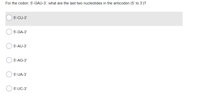 Solved For the codon: 5'- GAU-3', what are the last two | Chegg.com