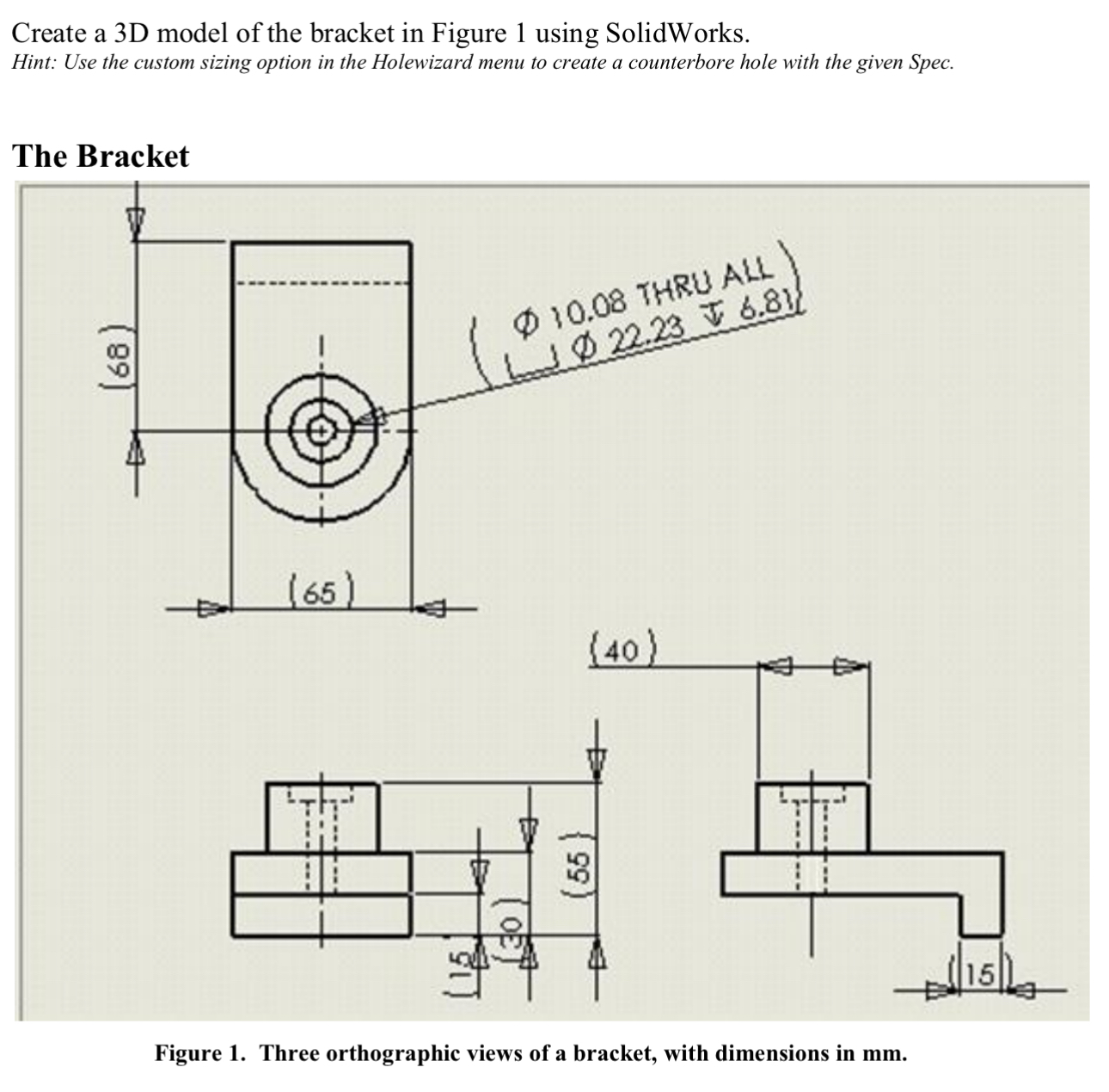 Figure 1. ﻿Three orthographic views of a bracket, | Chegg.com