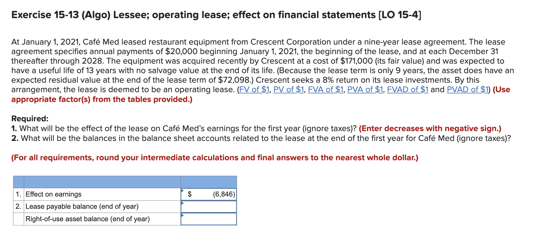 Solved Exercise 15-13 (Algo) Lessee; operating lease; effect | Chegg.com