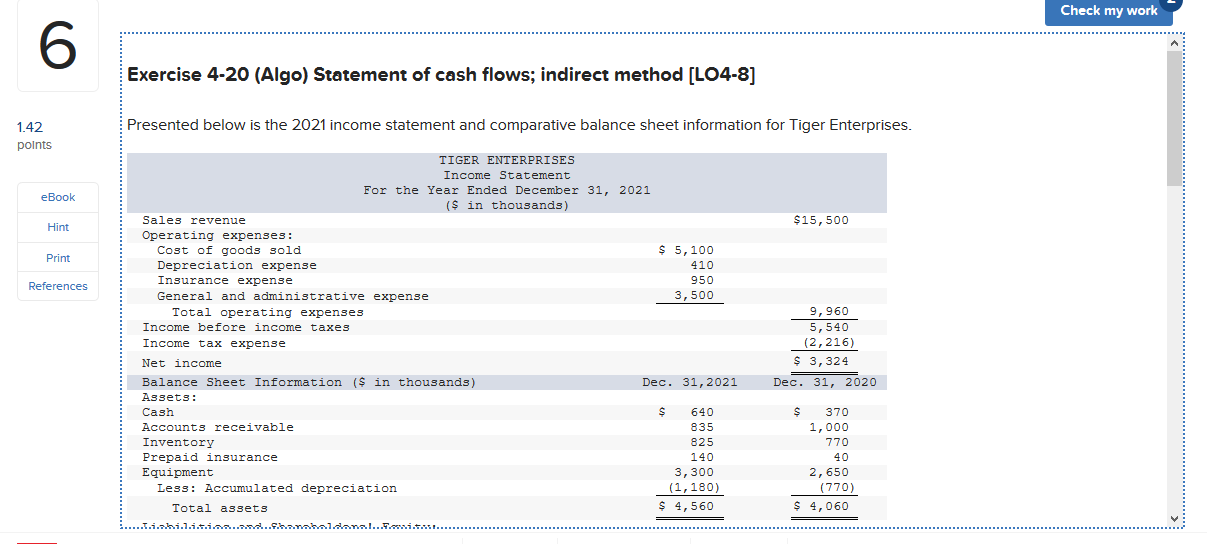 Solved Check my work Exercise 4-20 (Algo) Statement of cash | Chegg.com