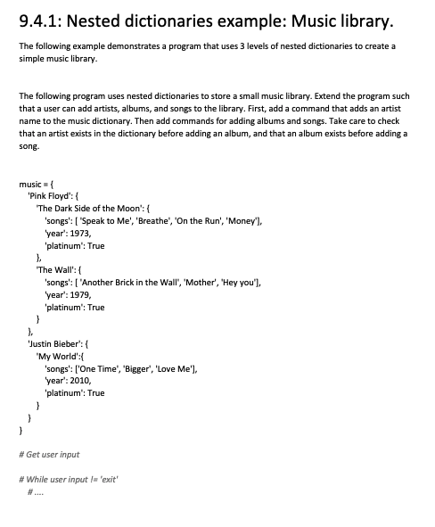 Solved 941 Nested Dictionaries Example Music Library 