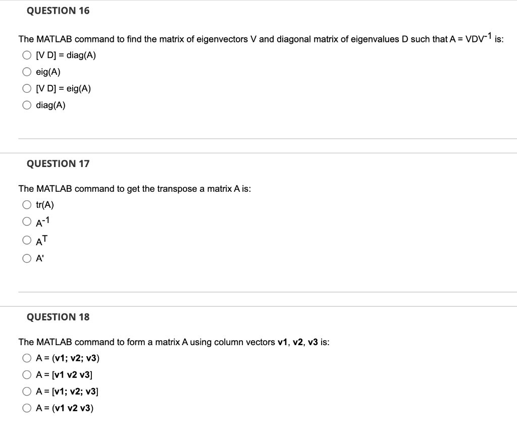Solved The Matlab Command To Find The Matrix Of Eigenvectors 