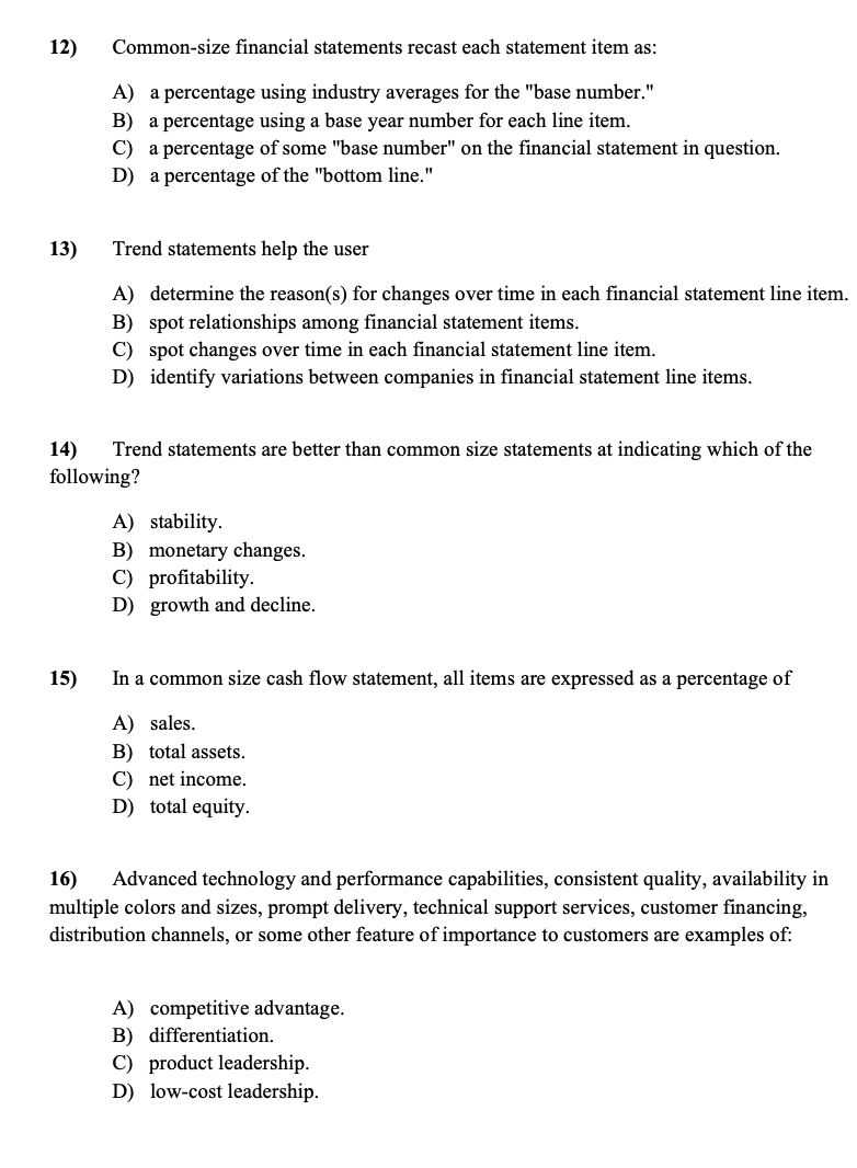 Solved 12) Common-size financial statements recast each | Chegg.com