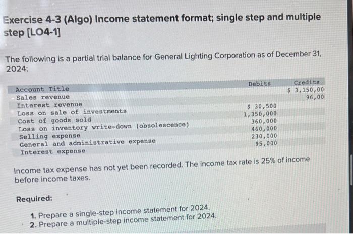 Solved Exercise 4-3 (Algo) Income statement format; single | Chegg.com