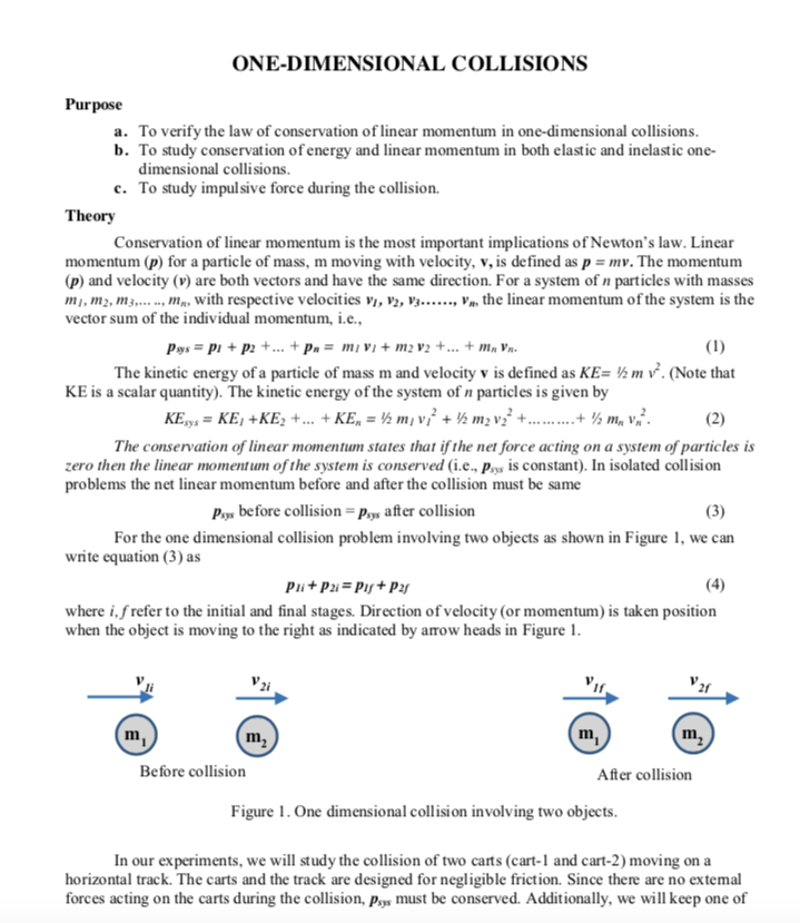 ONE-DIMENSIONAL COLLISIONS Purpose a. To verify the | Chegg.com