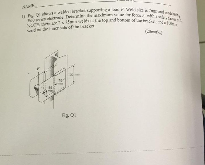 Solved NAME: 01 shows a welded bracket supporting a load F. | Chegg.com