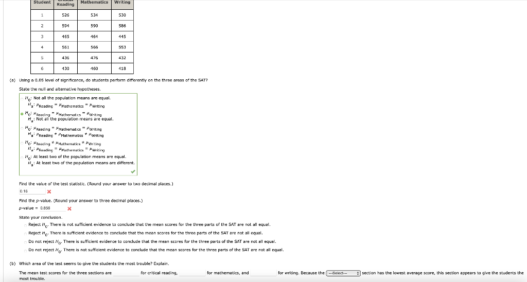 Solved Student Reading Mathematics Writing 1 526 534 530 2 | Chegg.com