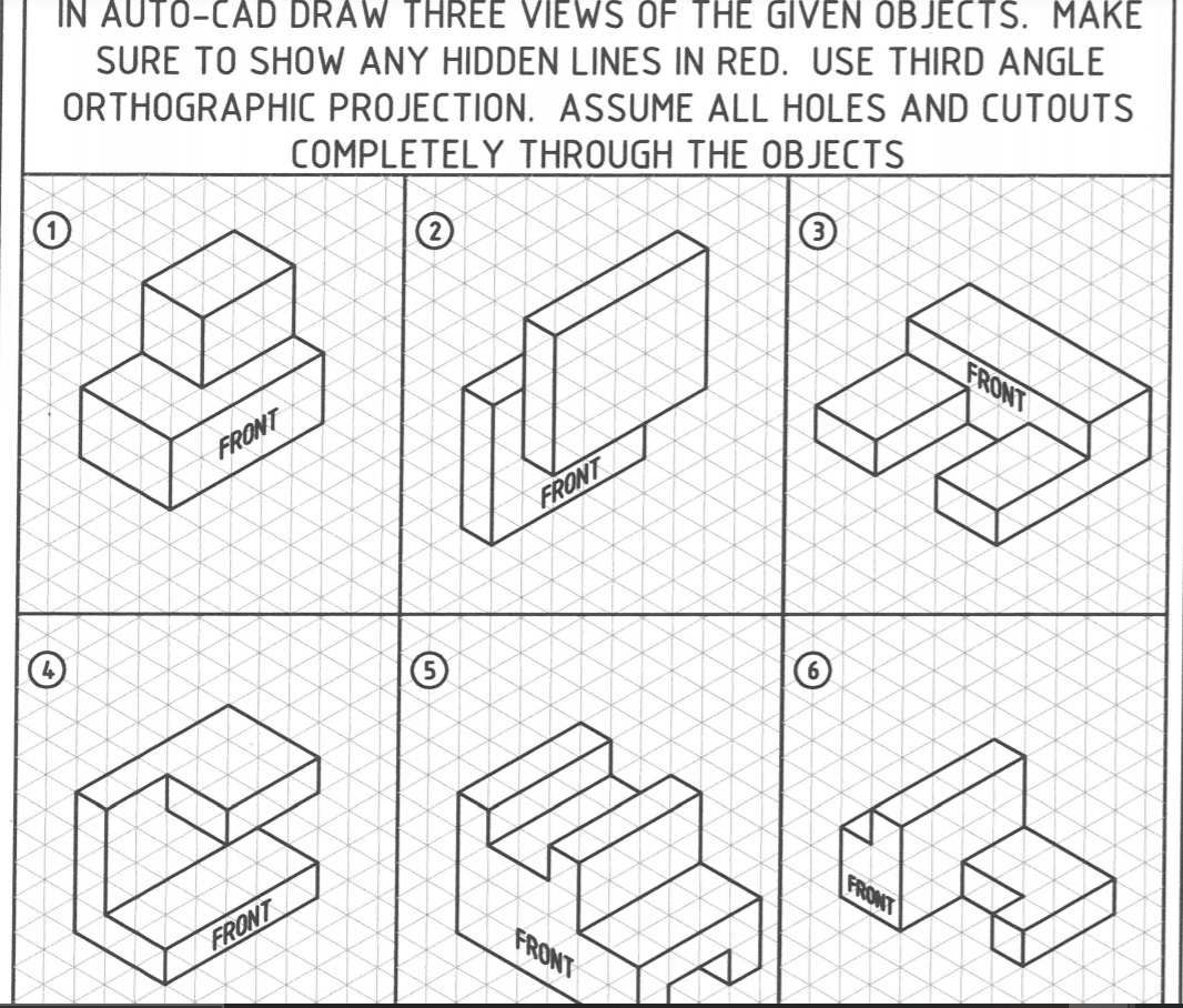 Solved IN AUTO-CAD DRAW THREE VIEWS OF THE GIVEN OBJECTS. | Chegg.com