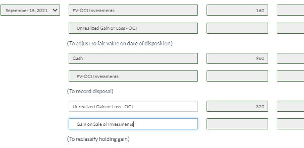 Solved September 15, 2021 FV-OCI Investments 160 Unrealized | Chegg.com
