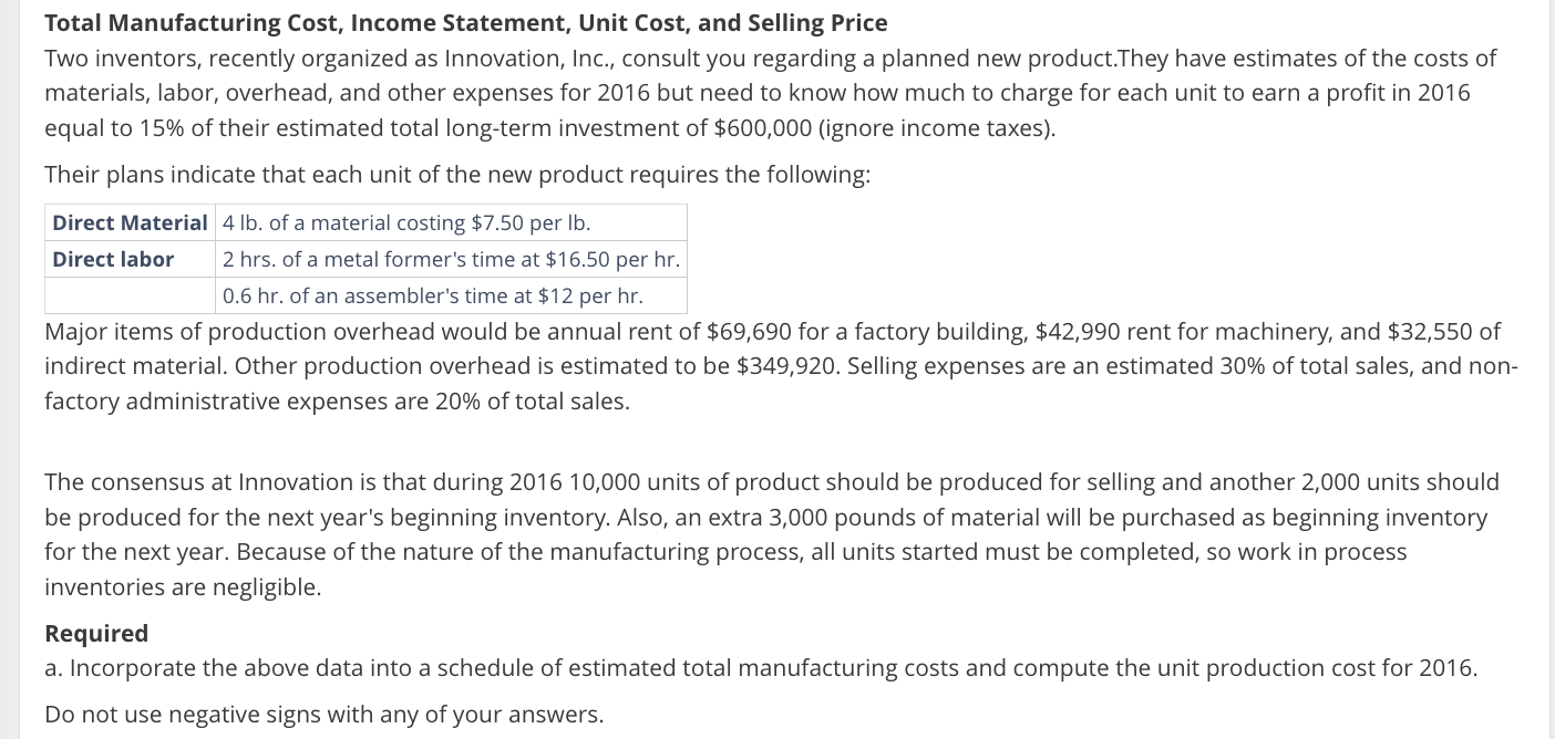 Solved Total Manufacturing Cost, Income Statement, Unit | Chegg.com