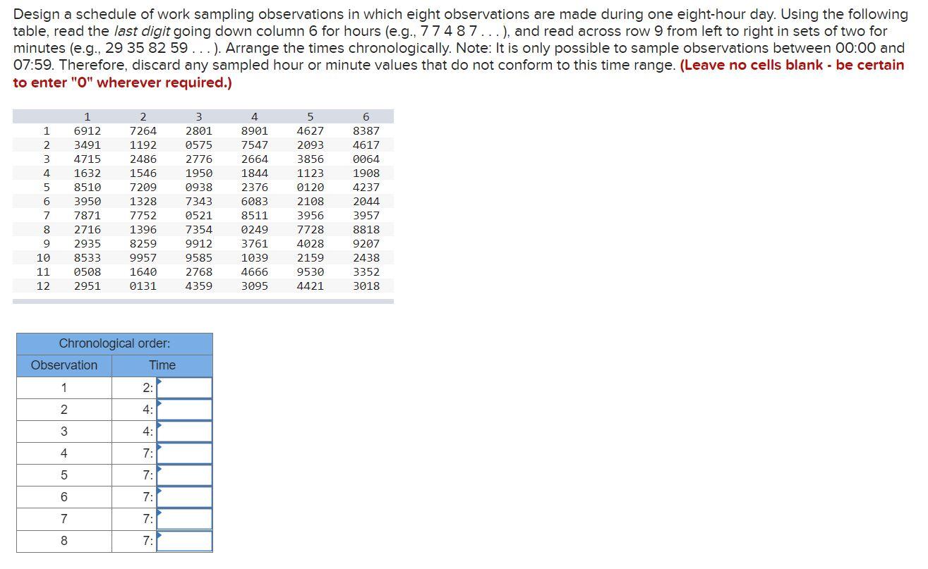 Solved Design a schedule of work sampling observations in | Chegg.com