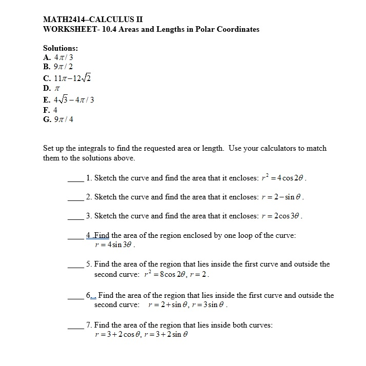 Solved MATH2414-CALCULUS II WORKSHEET- 10.4 Areas and | Chegg.com