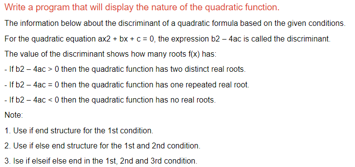 Solved Write a program that will display the nature of the | Chegg.com