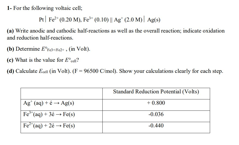 Solved 1- For the following voltaic cell; Pt| Fe2+ (0.20 M), | Chegg.com