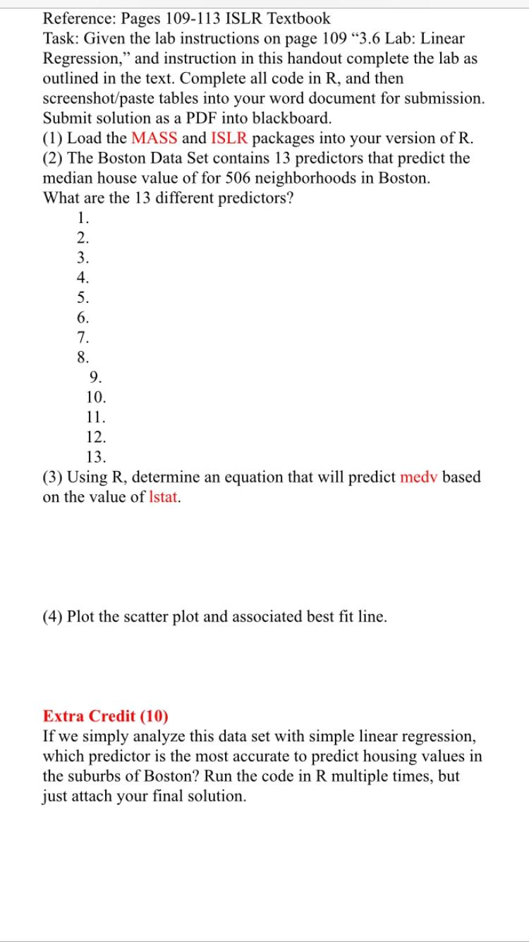 Solved Reference: Pages 109-113 ISLR Textbook Task: Given | Chegg.com