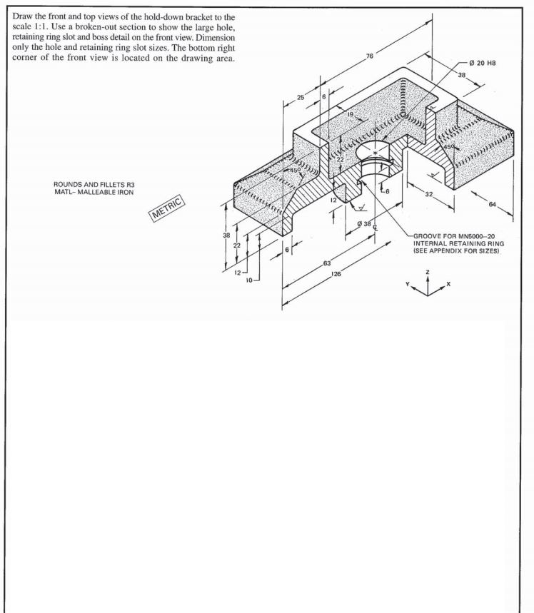 Solved Draw the front and top views of the hold-down bracket | Chegg.com