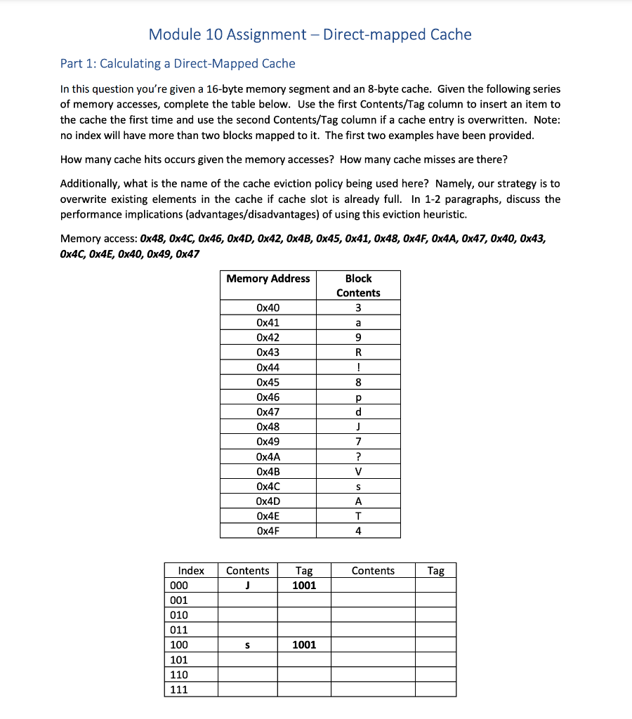 Module 10 Assignment - Direct-mapped Cache Part 1: | Chegg.com