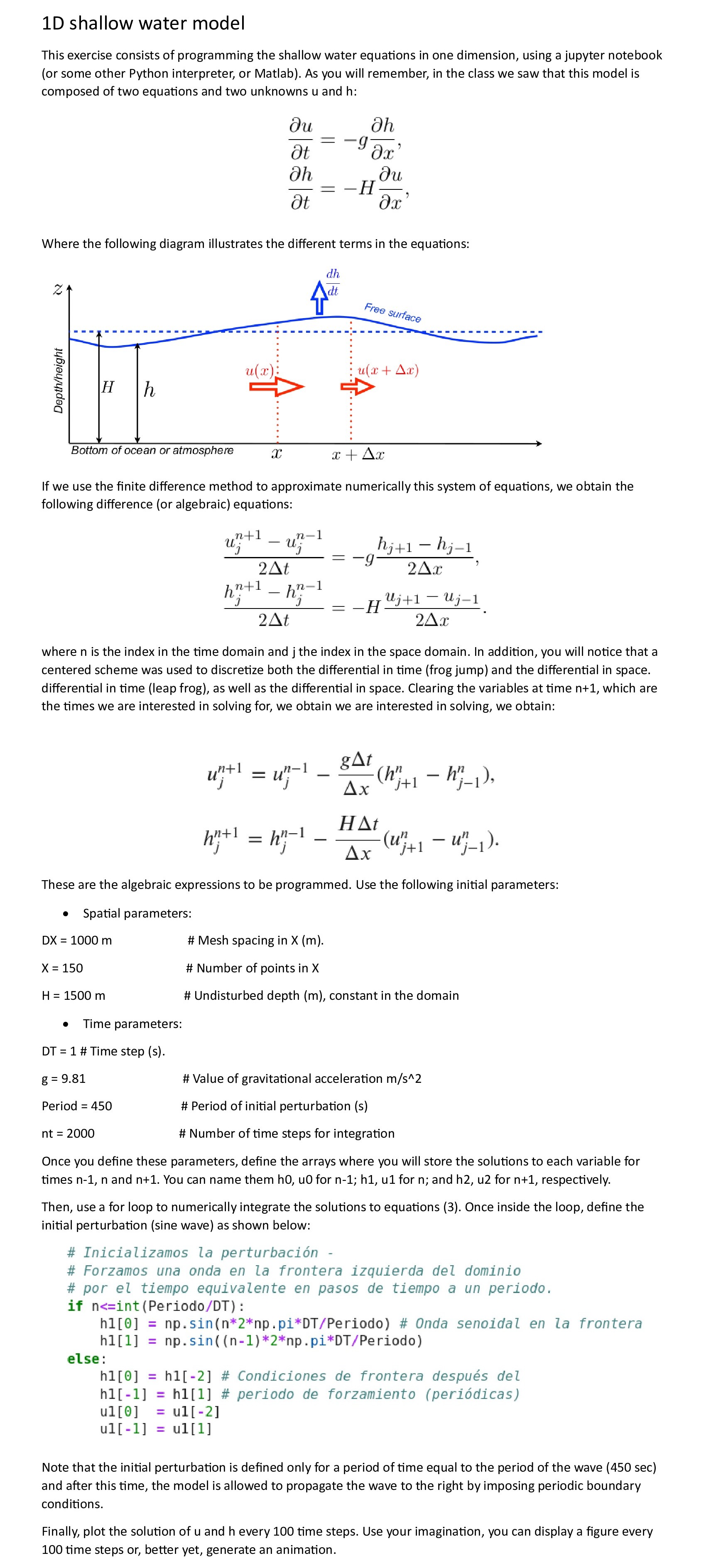 Solved 1D shallow water modelThis exercise consists of | Chegg.com