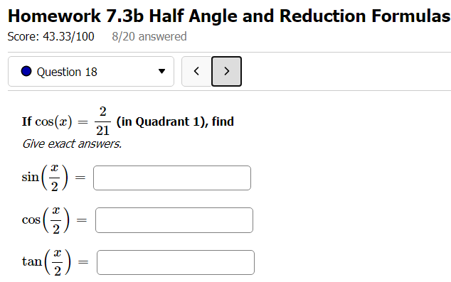 Solved Homework 7.3b Half Angle and Reduction Formulas | Chegg.com